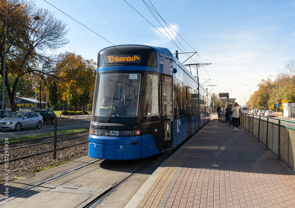 Stadler Tango Lajkonik NF2 type tram car at Plac Centralny Ronald ...