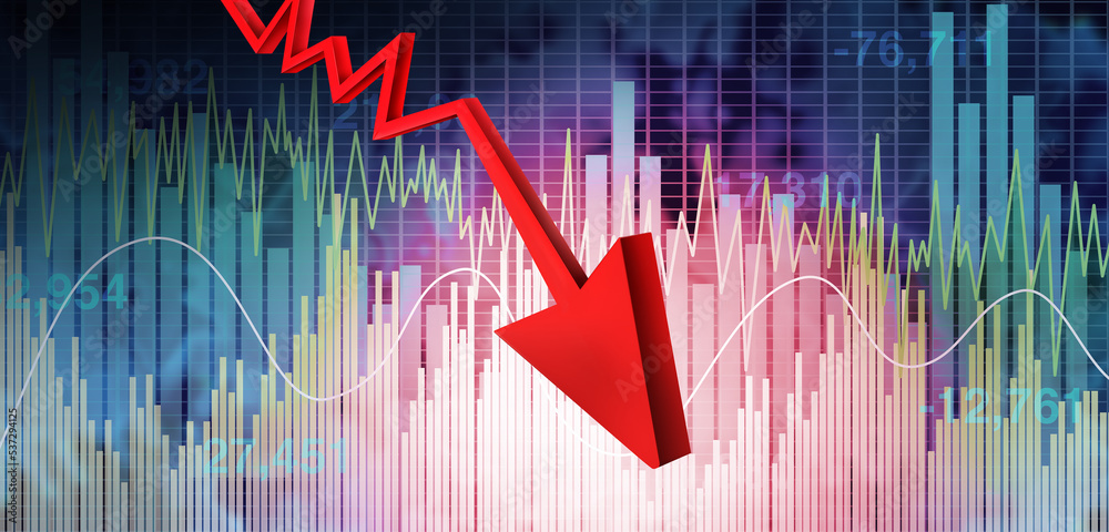 Market decline and financial market crash as a downward red arrow ...