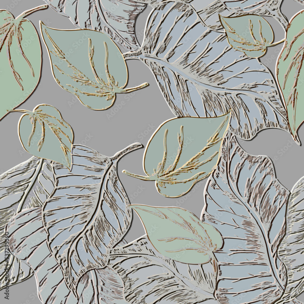 Embossed leafy light 3d seamless pattern. Relief background. Repeat ...