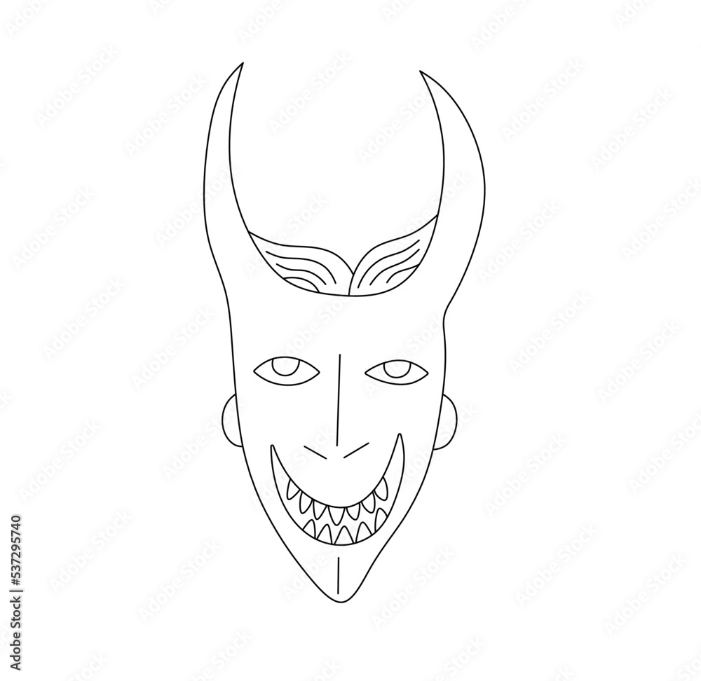 Vector isolated funny doodle smiling devil head mask with long horns ...