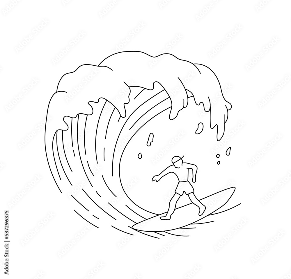 Vector isolated one high round sea ocean wave with surfer on the surf ...