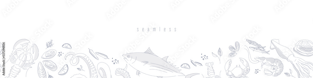 Horizontal Seafood seamless border on white background. Hand drawn sea ...