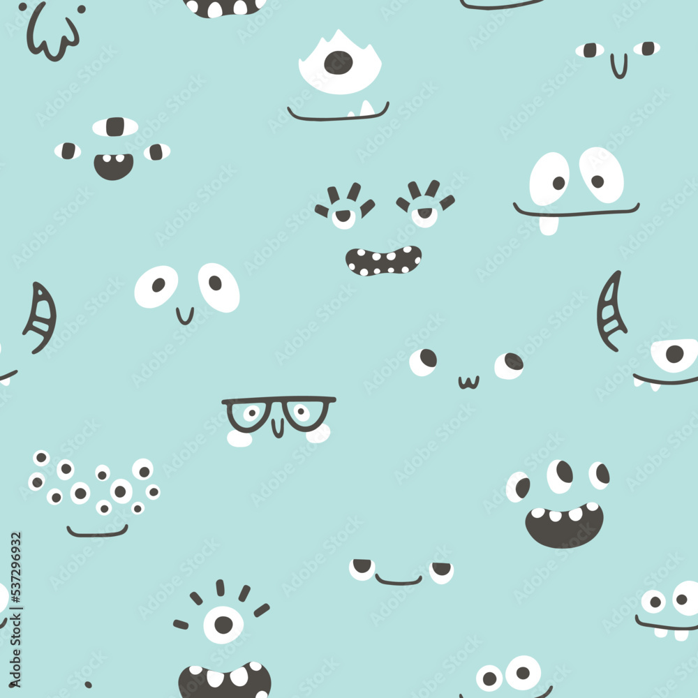 Monsters faces seamless pattern. Many eyes smiles with teeth. Cute ...