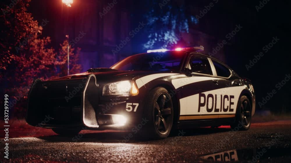 Cinematic Arc Shot Police Car with Working Siren Flashlights Standing ...