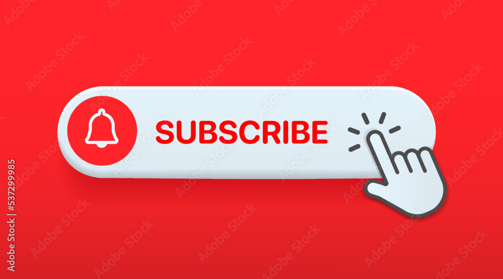 Vetor de Subscribe button Bell, notification icon button and hand cursor click. Red button ...