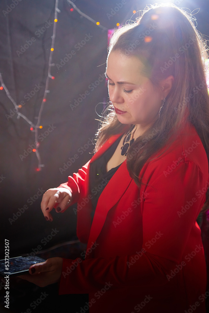 Attractive Fat Plumb Chubby Adult Overweight Woman In Black And Red Stilish Clothes And Long