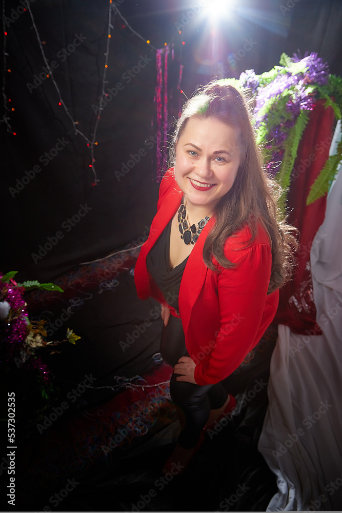 Attractive fat plumb chubby adult overweight woman in black and red ...