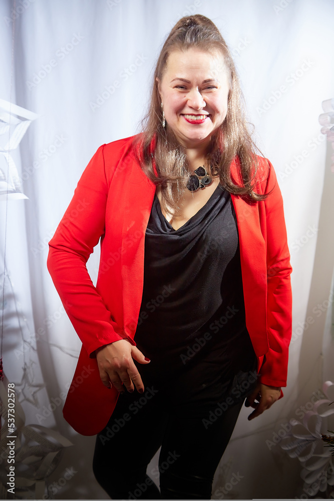 Attractive fat plumb chubby adult overweight woman in black and red ...