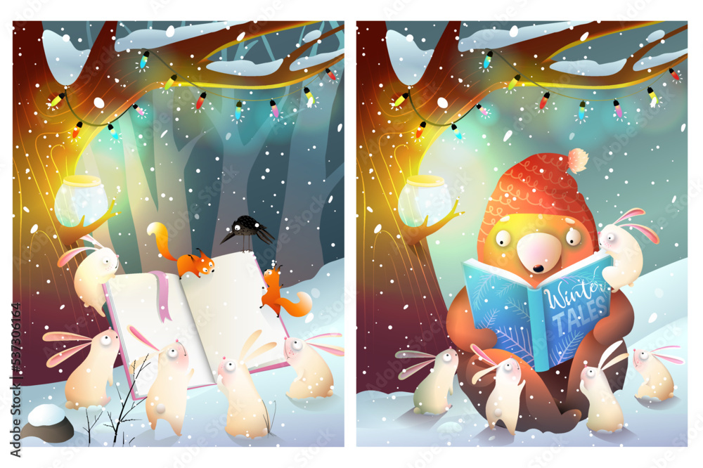 Bear and bunnies reading a book or study in forest under a tree. Winter ...