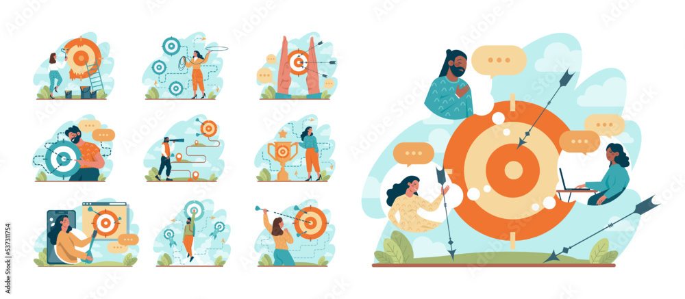 Target concept set. Ambitious characters aiming in target and shooting ...