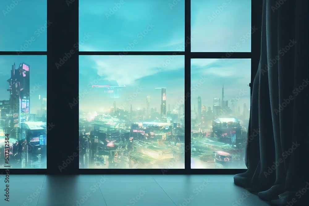 Home interior in anime style, neon backlight contours, View from the ...