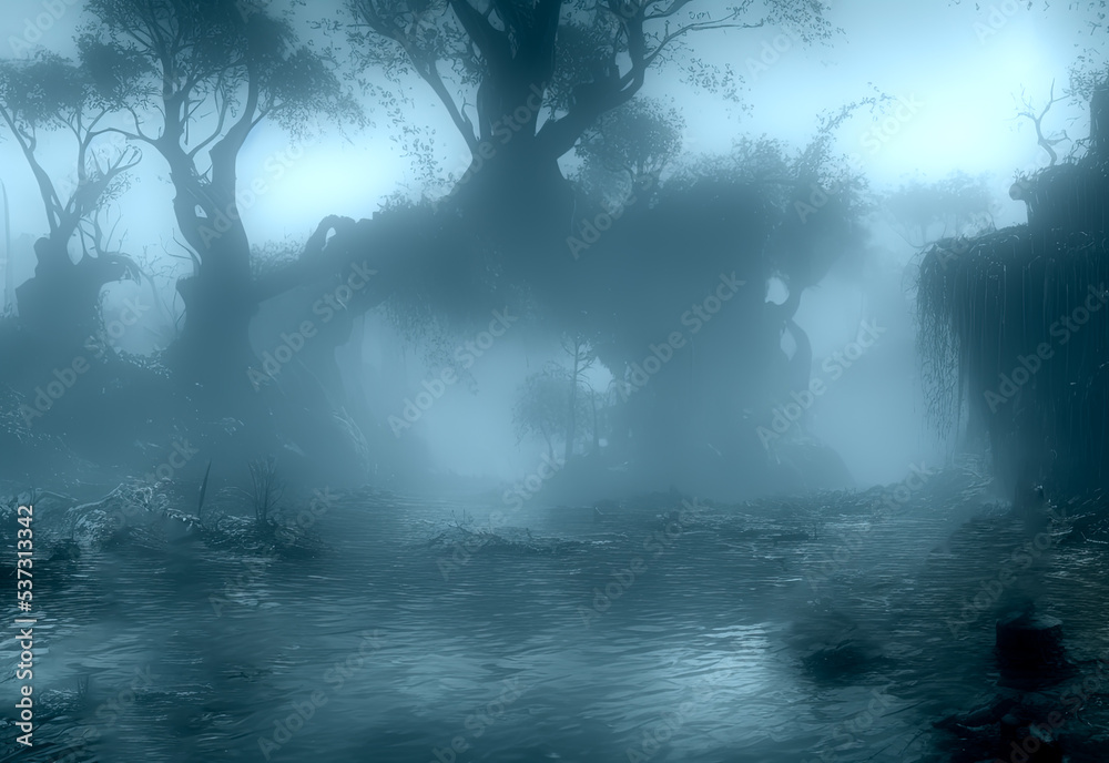 fantasy swamp wetland landscape, fog, mist trees and water. background ...