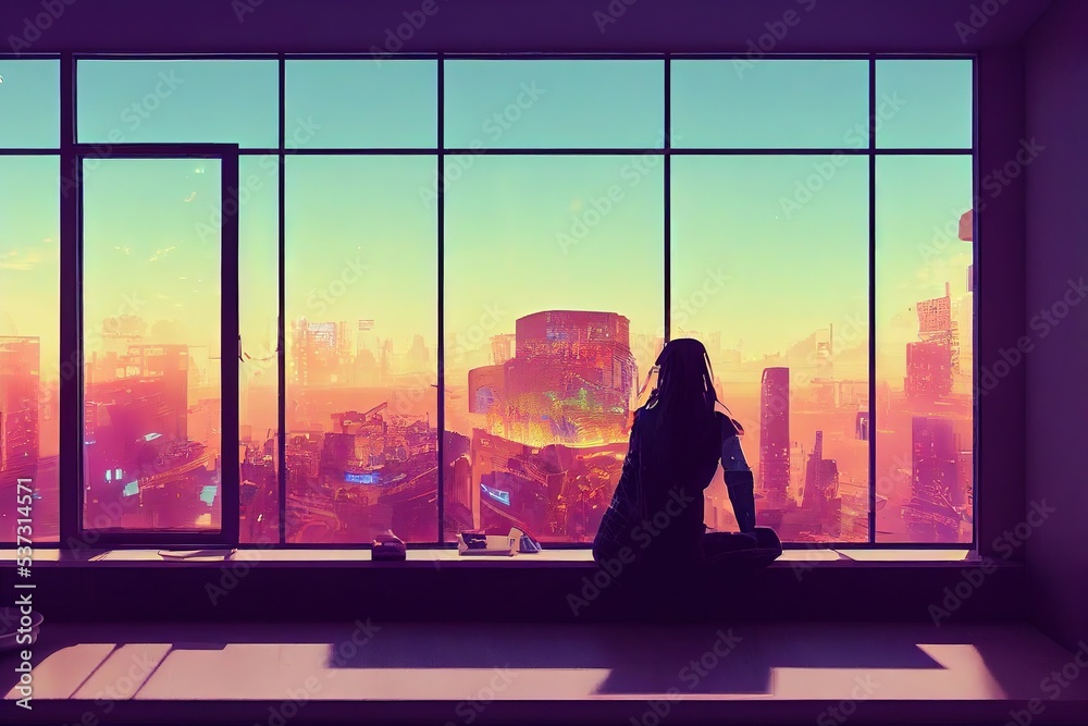 Cyberpunk home interior in anime style, neon backlight contours, View ...
