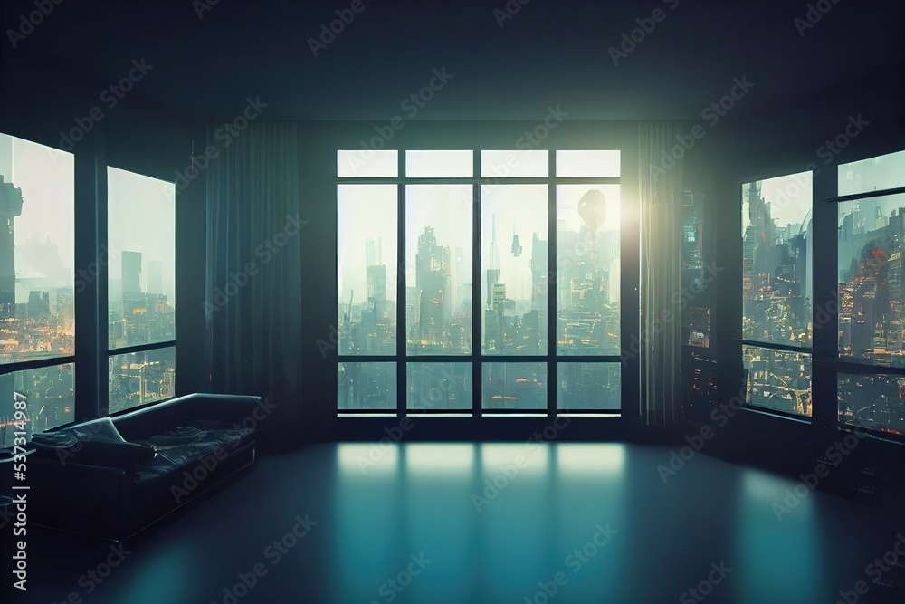 Ilustração do Stock: Cyberpunk home interior in anime style, neon ...