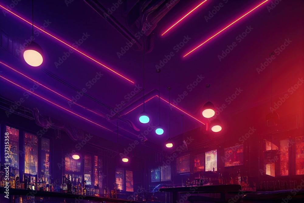 Bar Stools in cyberpunk BAR in cyberpunk city. Neons, cybercity ...