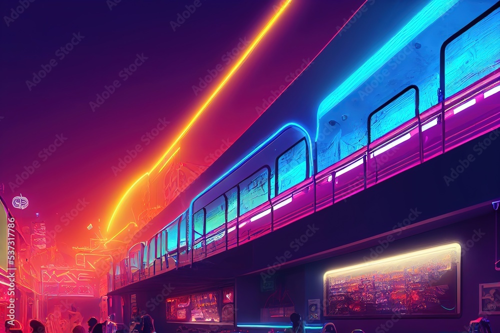 Bar Stools in cyberpunk BAR in cyberpunk city. Neons, cybercity ...