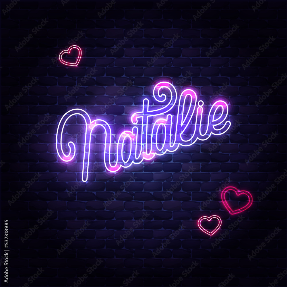Сute neon kawaii girly handwritten lettering name Natalie on brick wall ...