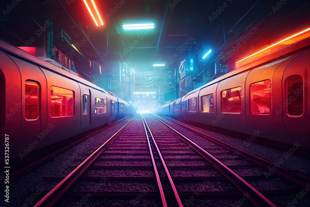 Cyberpunk subway With neon backlight contours. Retro wave style ...