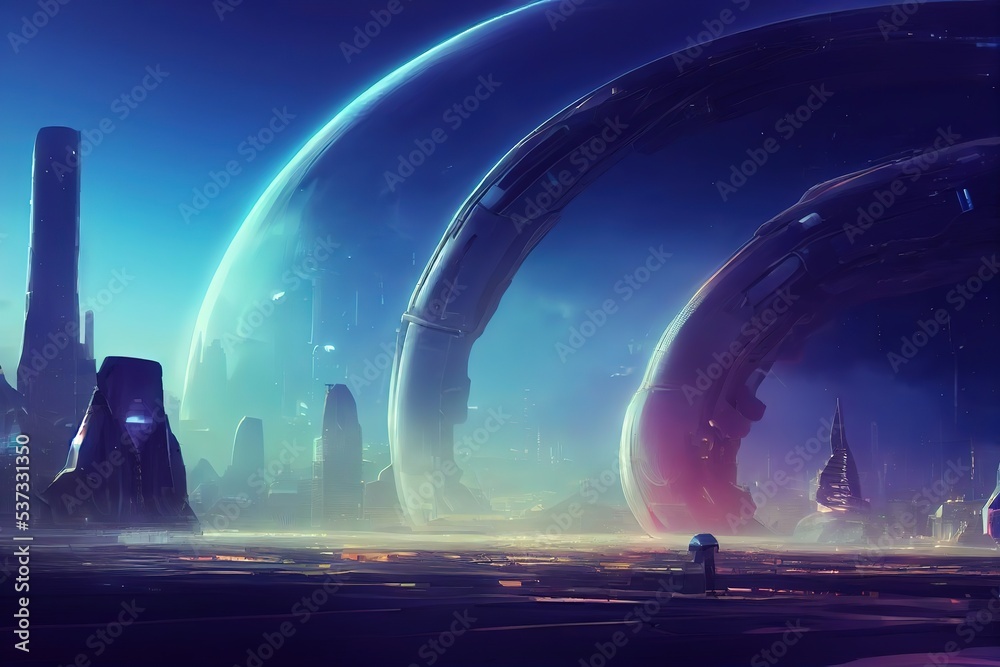 Colorful futuristic Cyberpunk metaverse city background. Retro wave ...