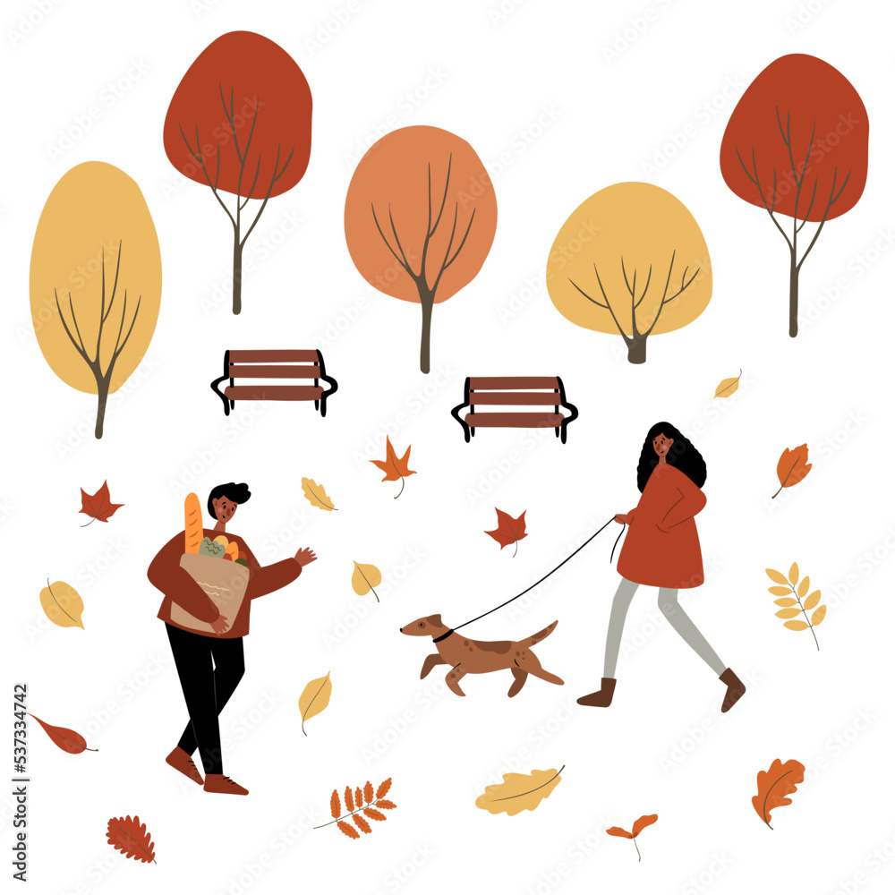 Fall city illustration, People walk in autumn park vector clipart, Cozy ...