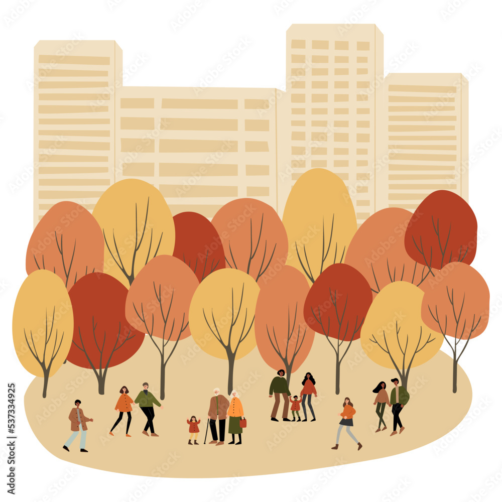 Fall city illustration, People walk in autumn park vector clipart, Cozy ...
