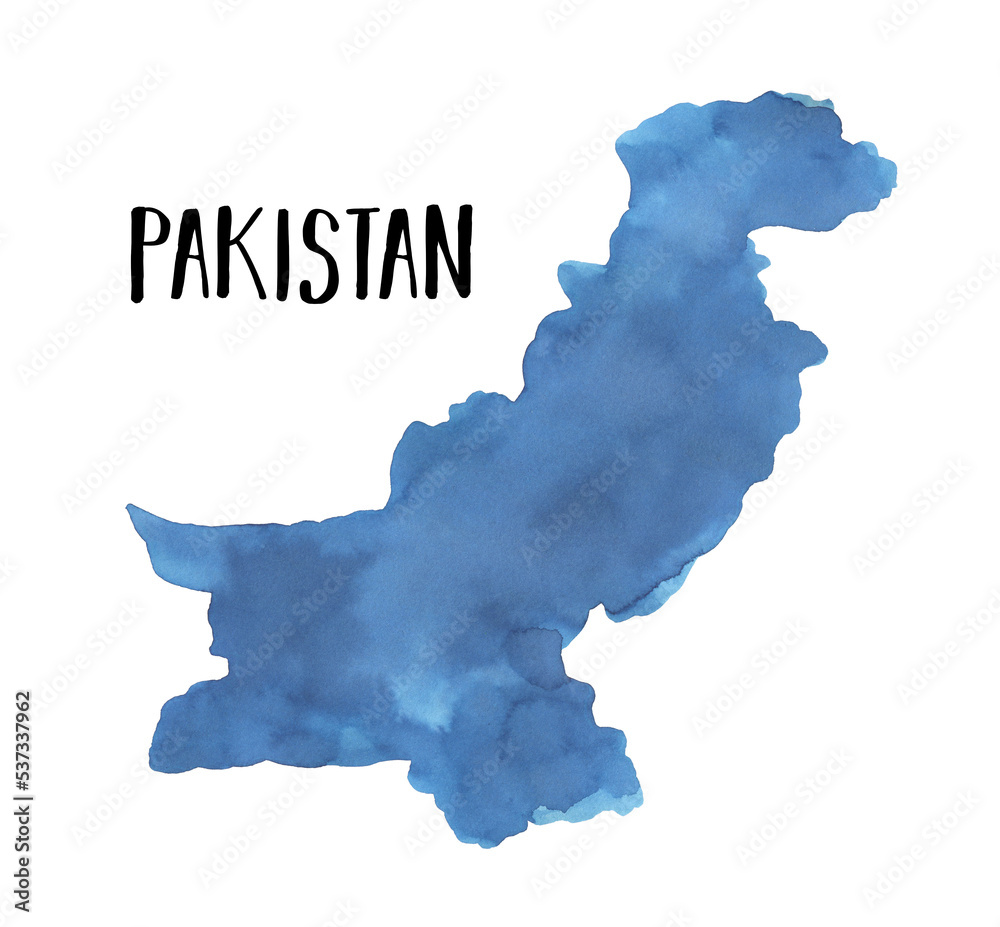 Water color illustration of Pakistan Map Silhouette in blue color with ...