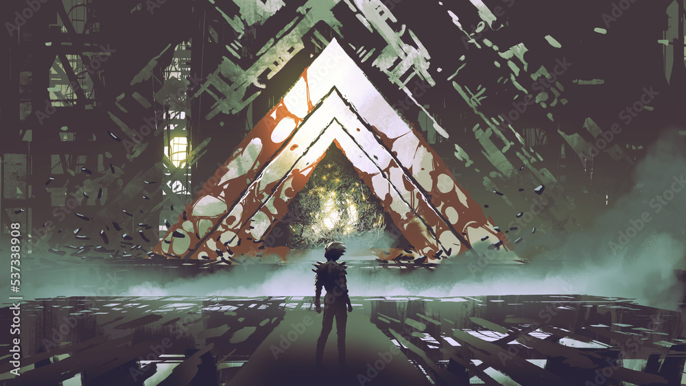 The man standing and looking at the giant mysterious triangular gate ...