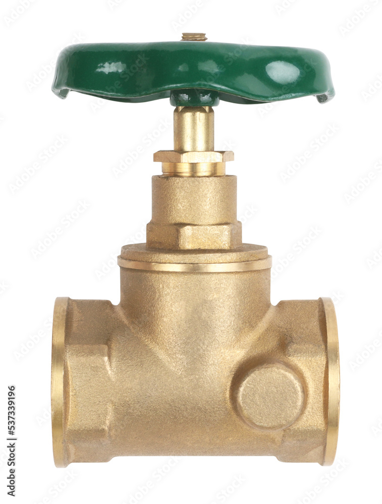 Wharf pipe valve green metal with green handwheel equipment isolated on ...