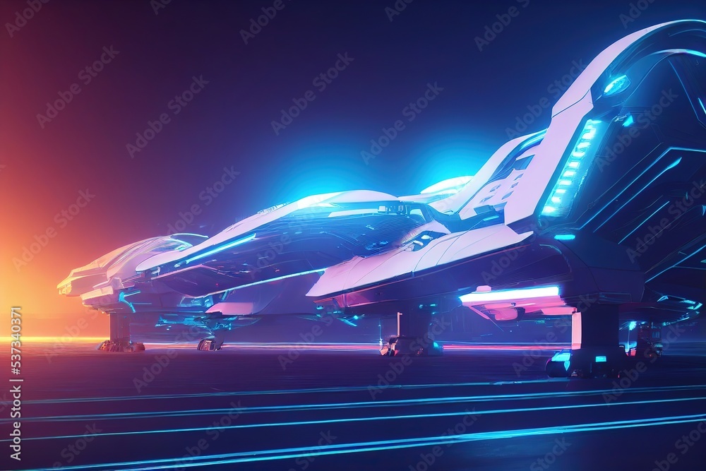 Cyberpunk Futuristic space ship. Retro wave spaceship. Logistics of the ...