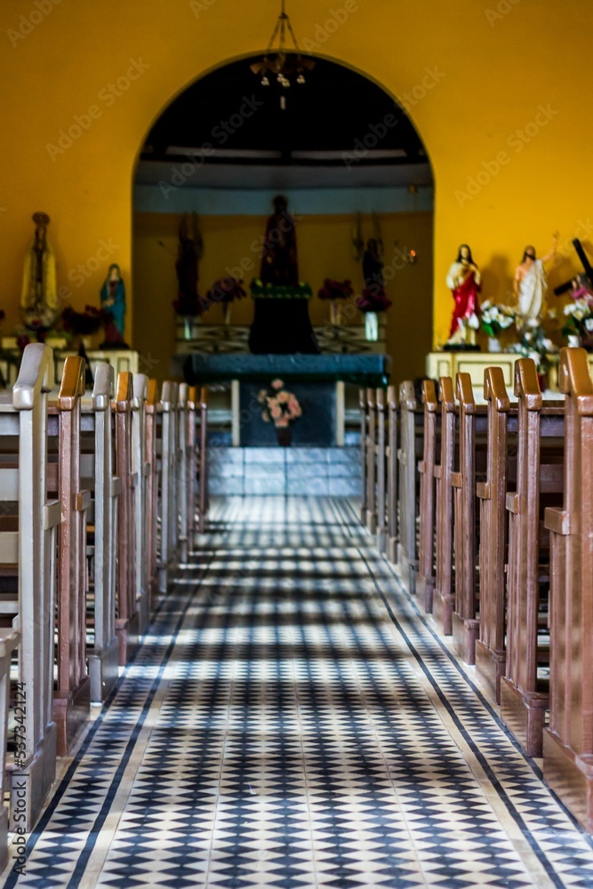Vertical of a church altar view with a statuette, pews and carpet ...