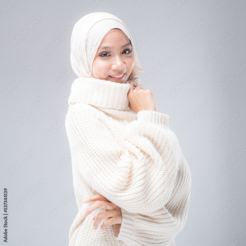 Half length portrait of a beautiful Muslim female model wearing modern ...
