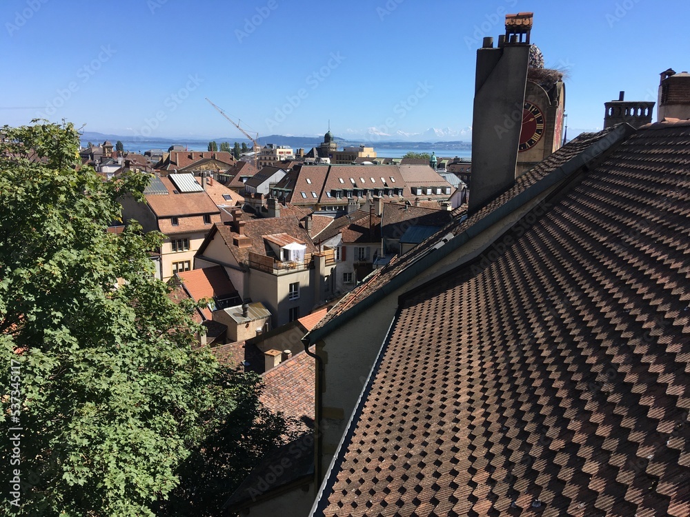 Old buildings, houses in Switzerland Bern rooftops. Old houses red ...