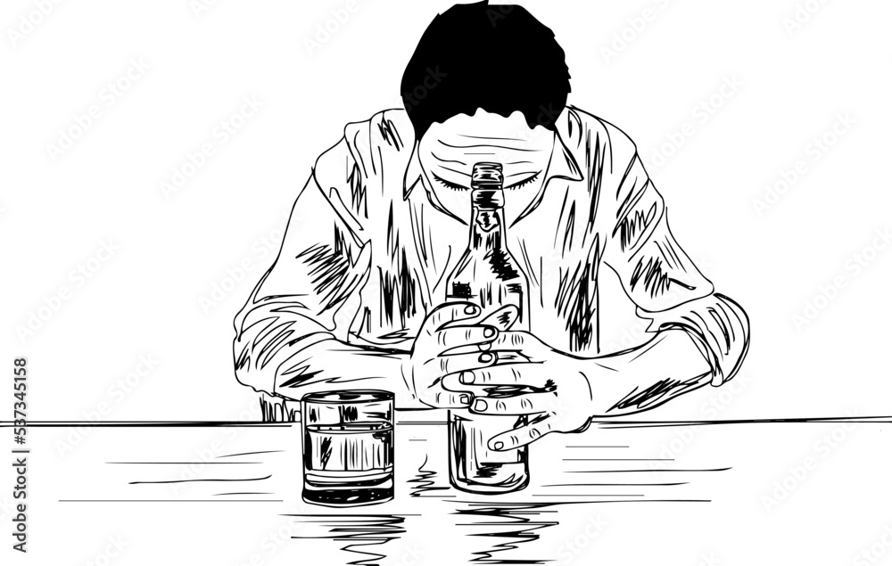 Man depressed with wine bottle sitting, sketch drawing of People abuse ...