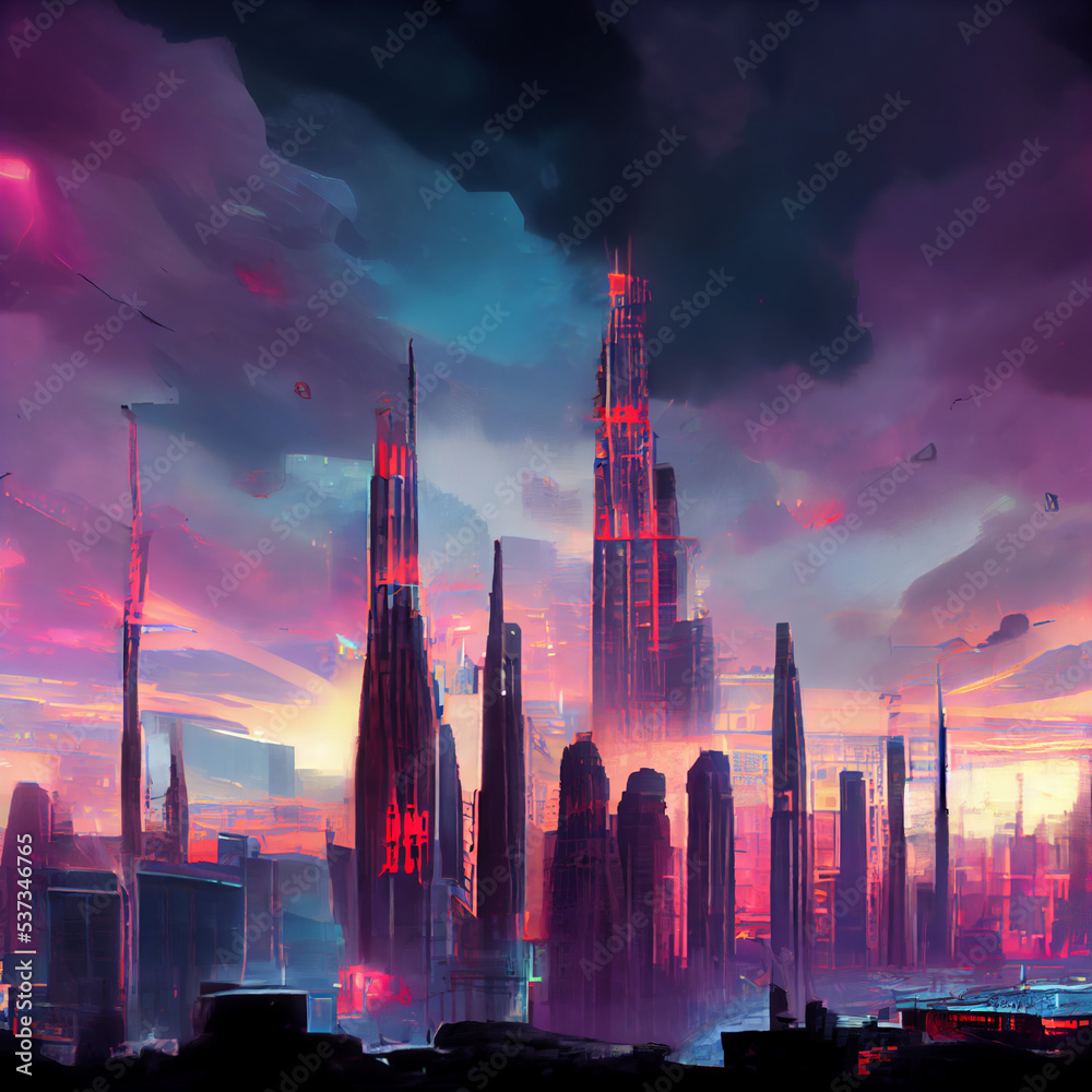 fantasy city cyberpunk, fantastic city of the future. 3d illustration ...