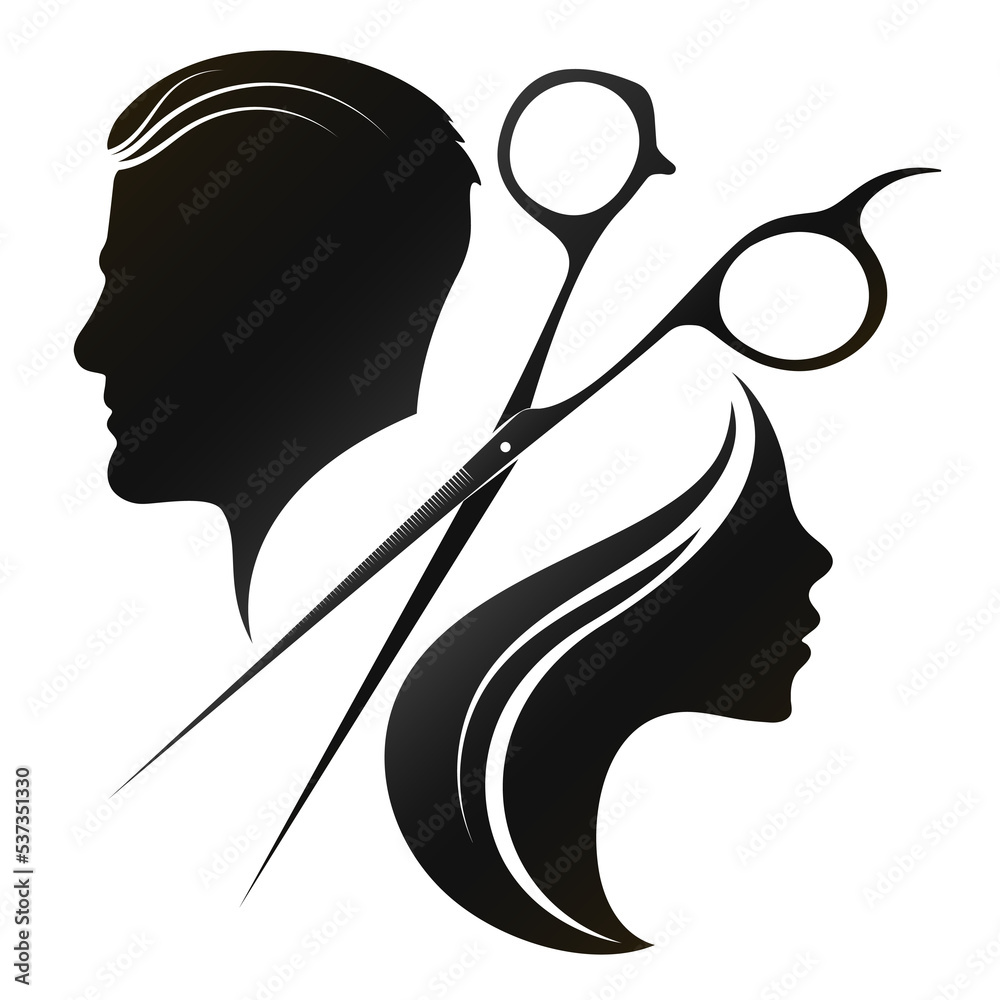 Male and female stylist symbol. Scissors and comb silhouette for beauty ...