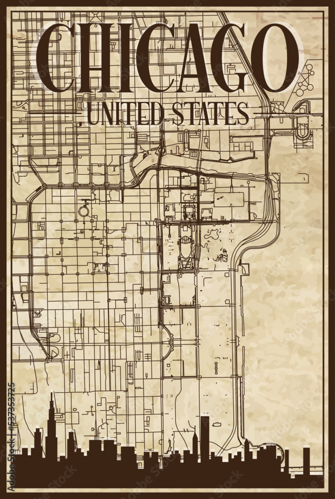 Brown vintage hand-drawn printout streets network map of the downtown ...