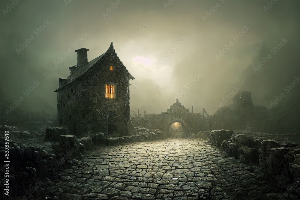 Medieval Town Architecture at Night - Digital Art, 3D Render, Concept ...