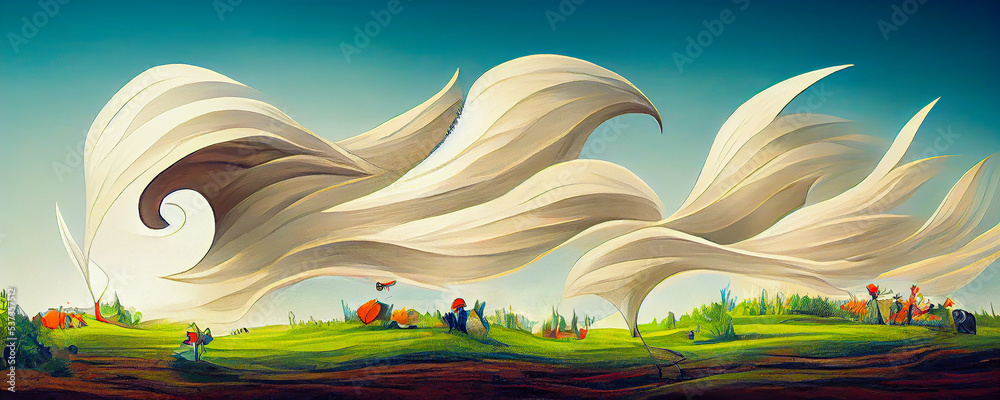 Vintage illustration of wind blowing over farm fields in autumn Stock ...