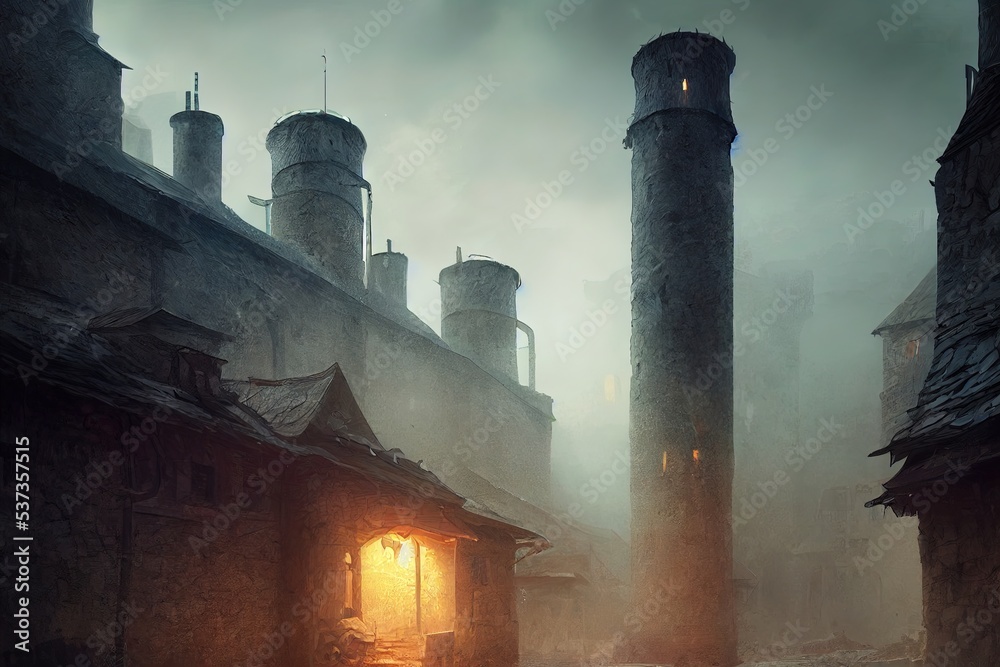 Medieval Town Architecture at Night - Digital Art, 3D Render, Concept ...