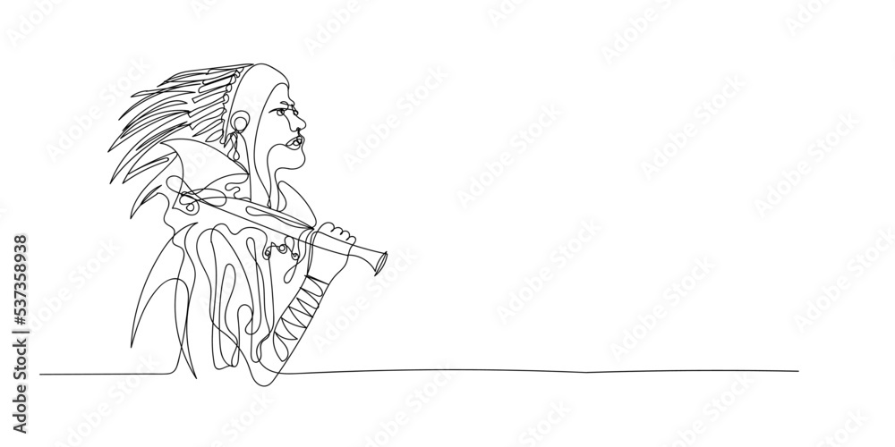continuous line of indian tribes. one line drawing of Native Americans ...