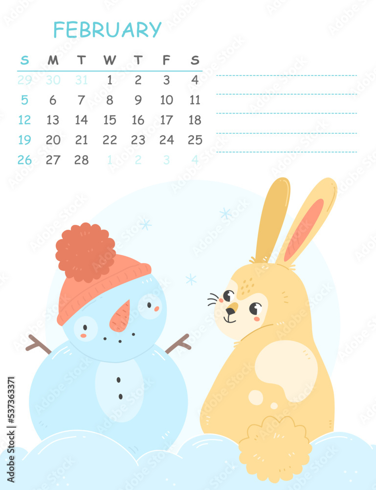 Vektorová grafika „February children's vertical calendar for 2023 with ...