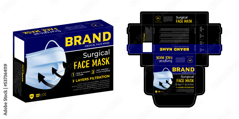 Face Mask Packaging Box Design with Mockup Box and illustration Vector ...