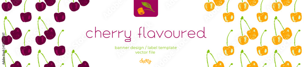 Cherry flavored banner template with vector cherries pattern. Hand ...