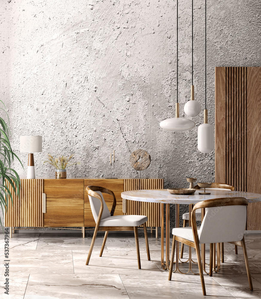 Interior design of modern dining room or living room, marble table and ...