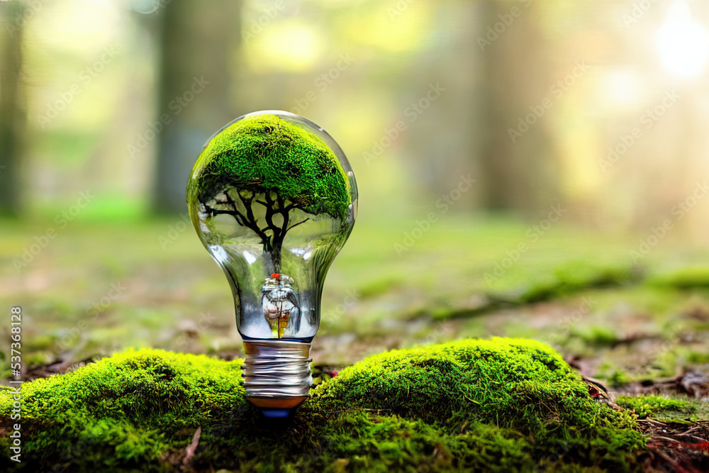 tree inside a light bulb on the forest floor, depth of field Stock ...