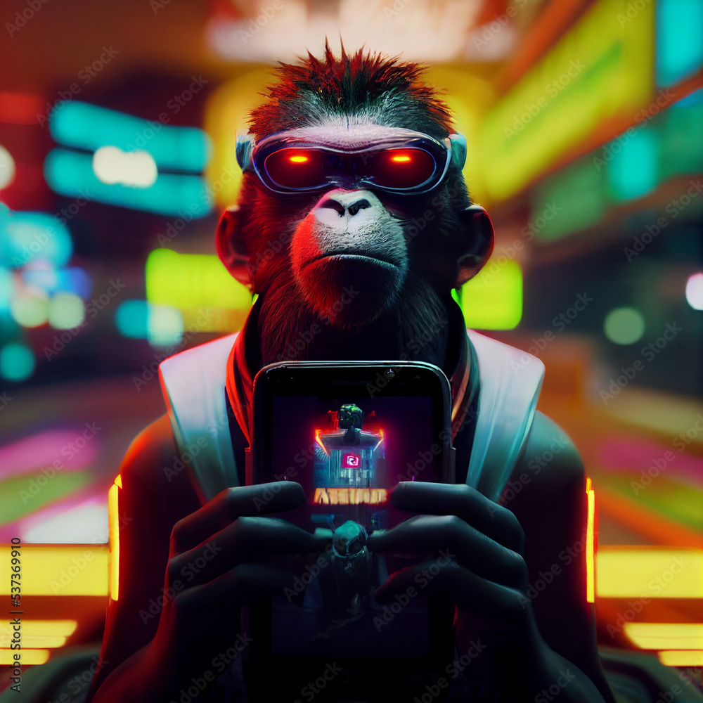 CyberPunk Monkey take a selfie photo in the Future Generative AI Stock Illustration | Adobe Stock