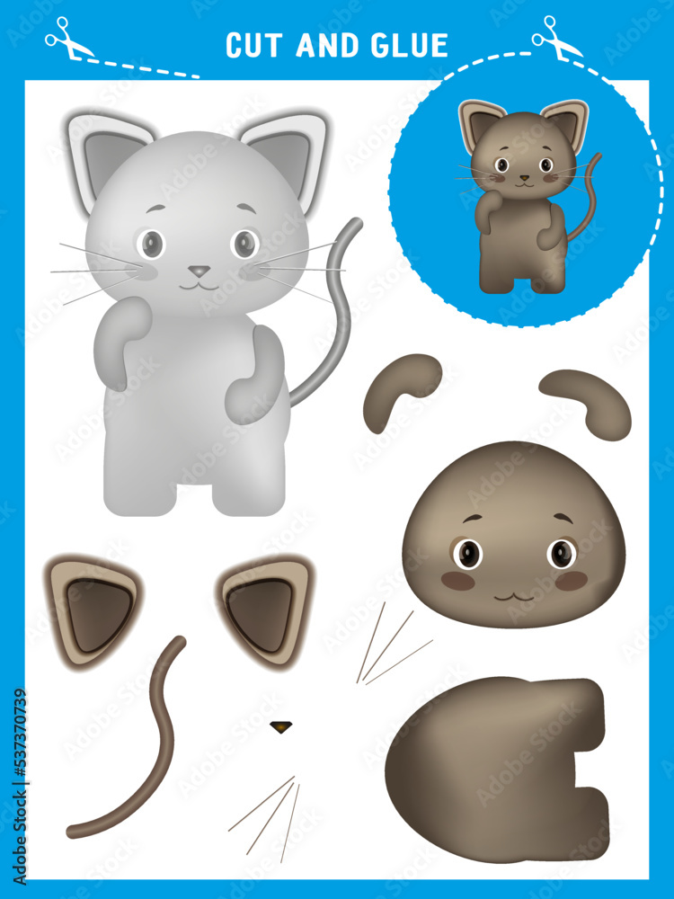 Cut and glue game for kids. Vector illustration of cute cartoon cat ...