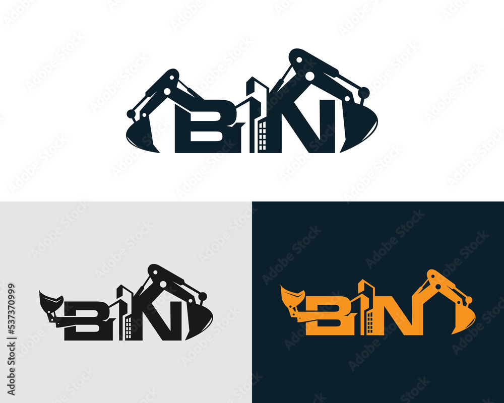 Letter BN Building With Excavator and skid steer Logo Design Concept ...