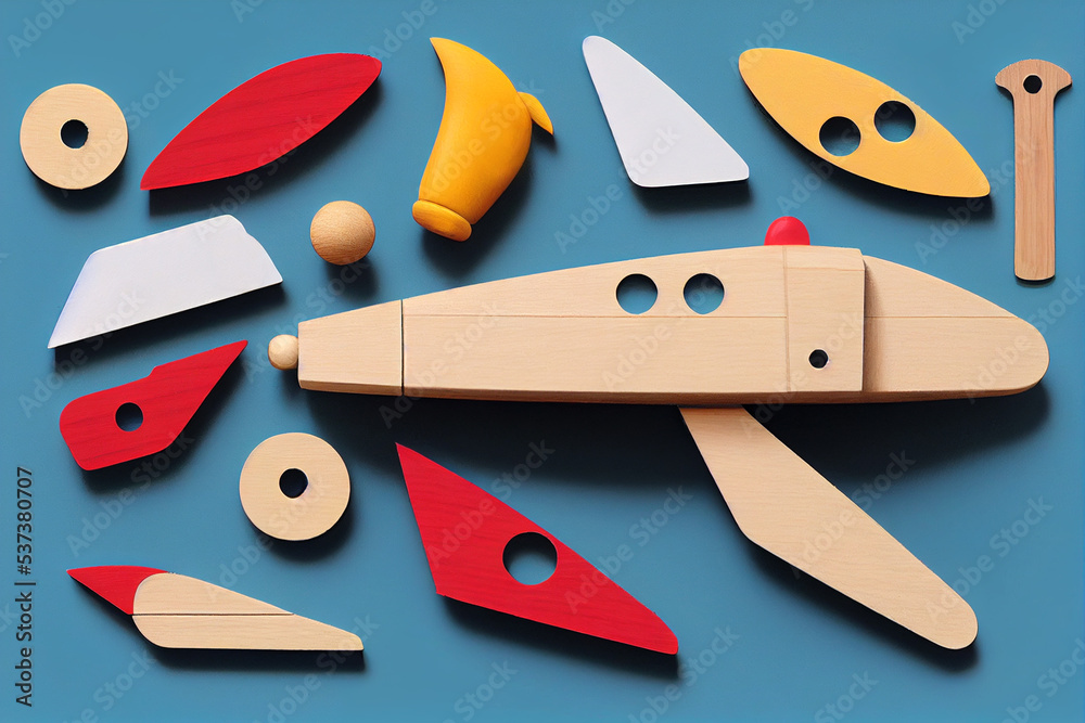 Toy wooden parts of an airplane on a blue background. Model airplane ...