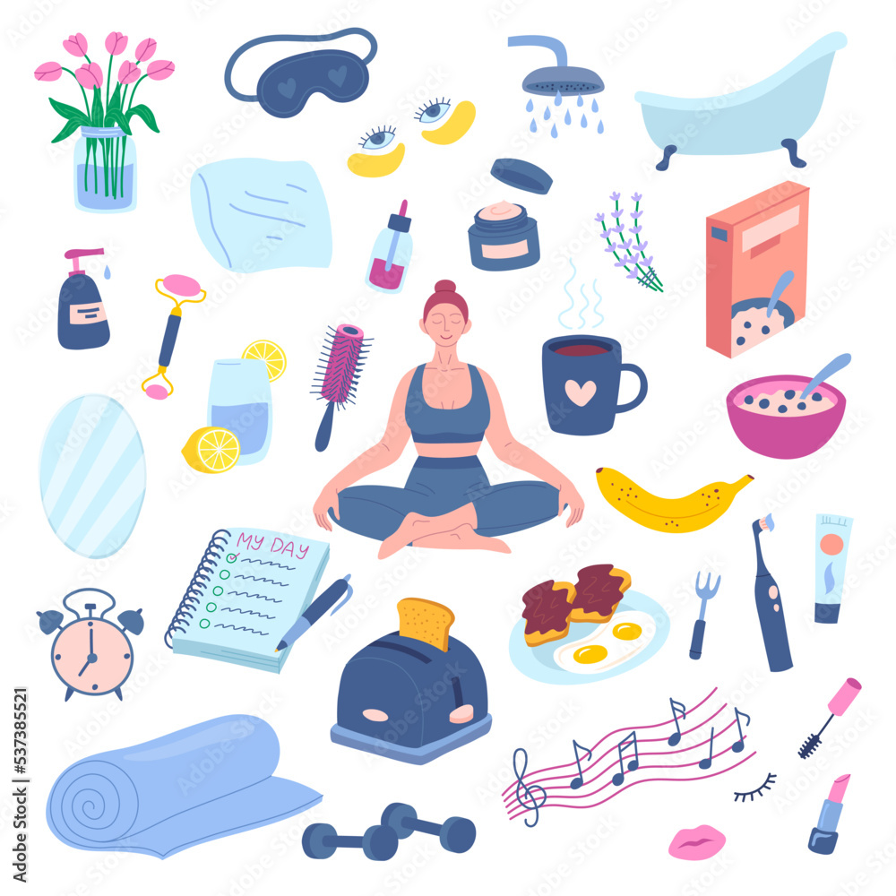 Vector morning routine elements set. Woman meditating in lotus pose in ...